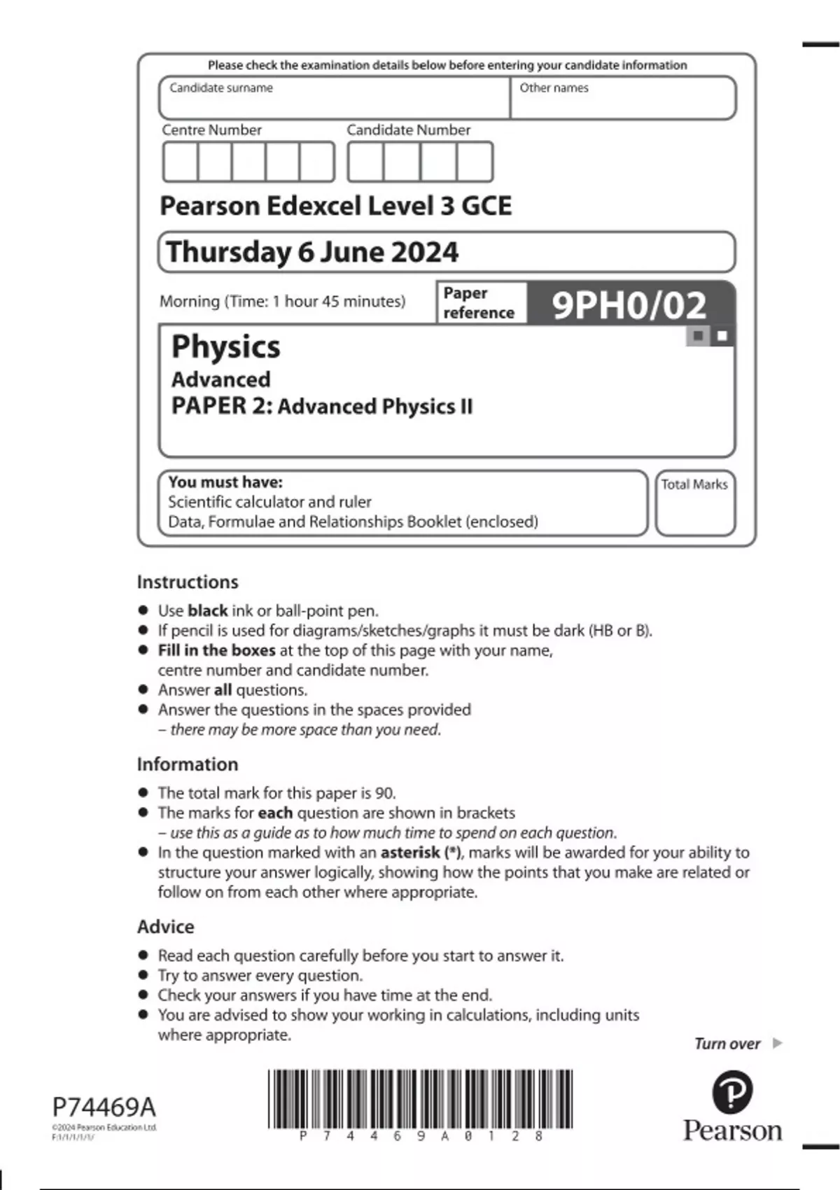Pearson Edexcel Level 3 GCE Physics Advanced PAPER 1, 2 and 3 JUNE 2024 ...