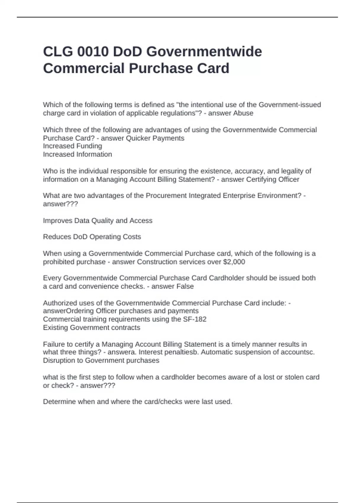 CLG 0010 DoD Governmentwide Commercial Purchase Card Questions with ...