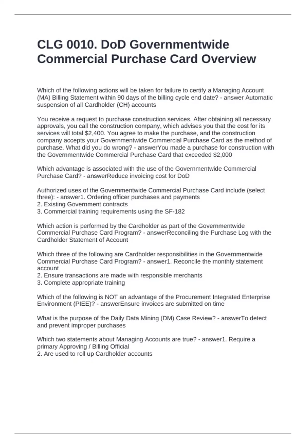 CLG 0010. DoD Governmentwide Commercial Purchase Card Overview Questions with Correct Answers ...