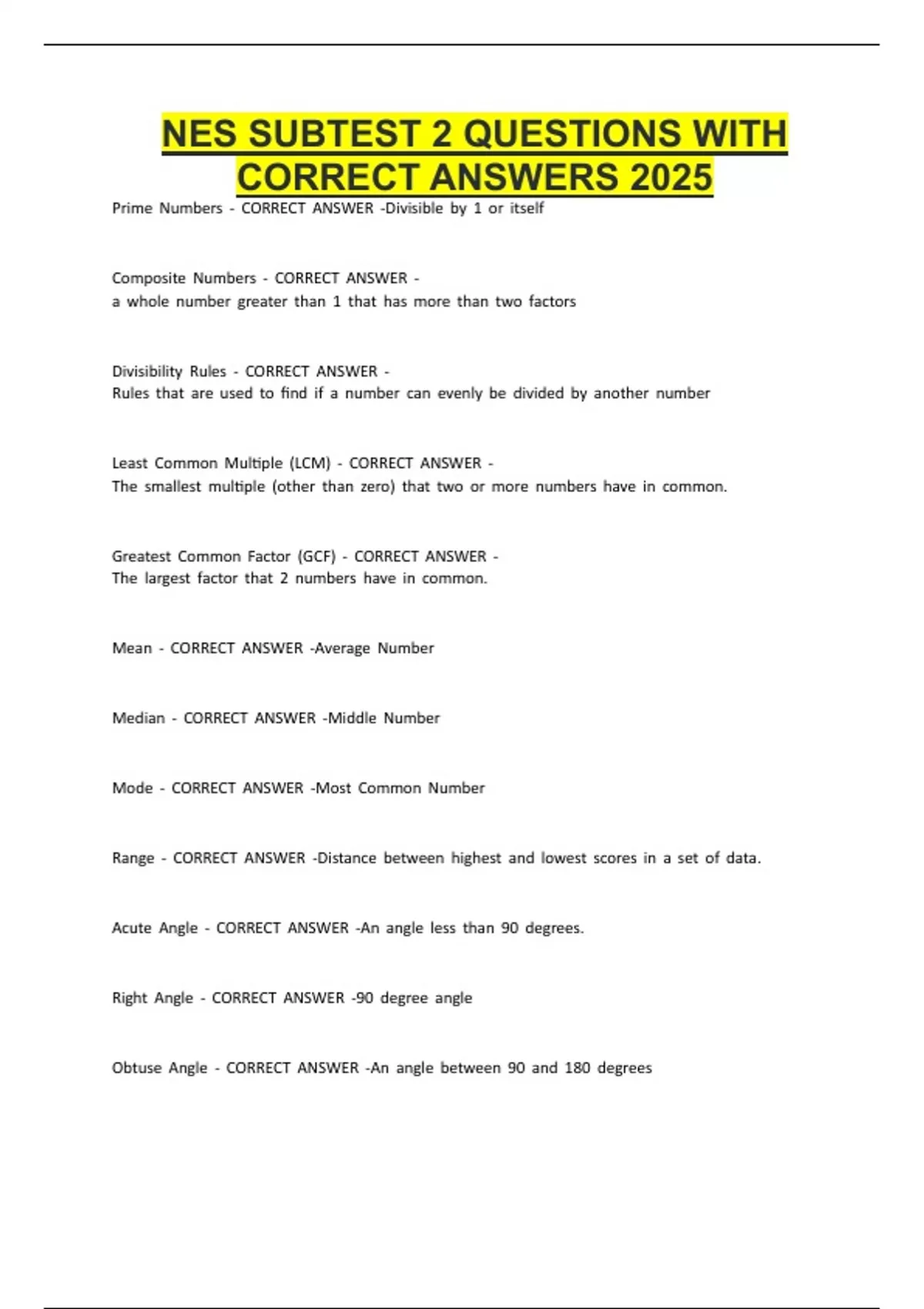 NES SUBTEST 2 QUESTIONS WITH CORRECT ANSWERS 2025 - NES Elementary ...