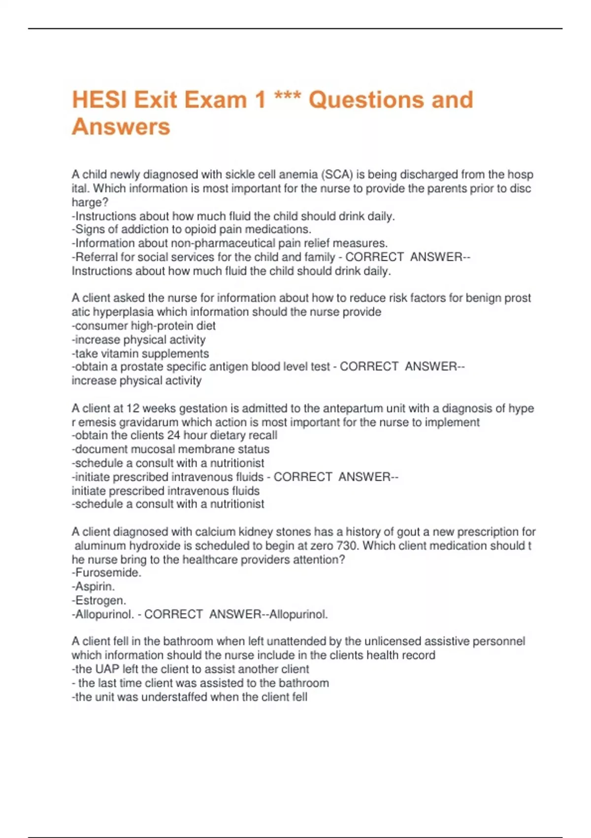HESI Exit Exam 1 *** Questions and Answers - HESI Exit RN - Stuvia US