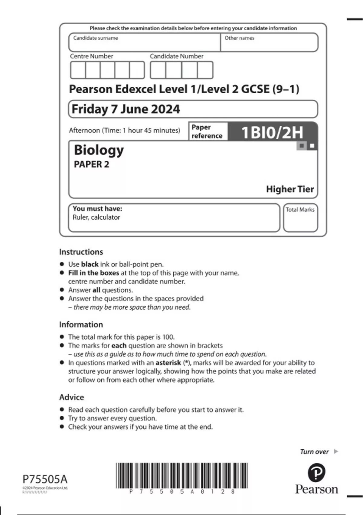 Pearson Edexcel Level 1/Level 2 GCSE (9–1) Biology PAPER 2 Higher Tier ...