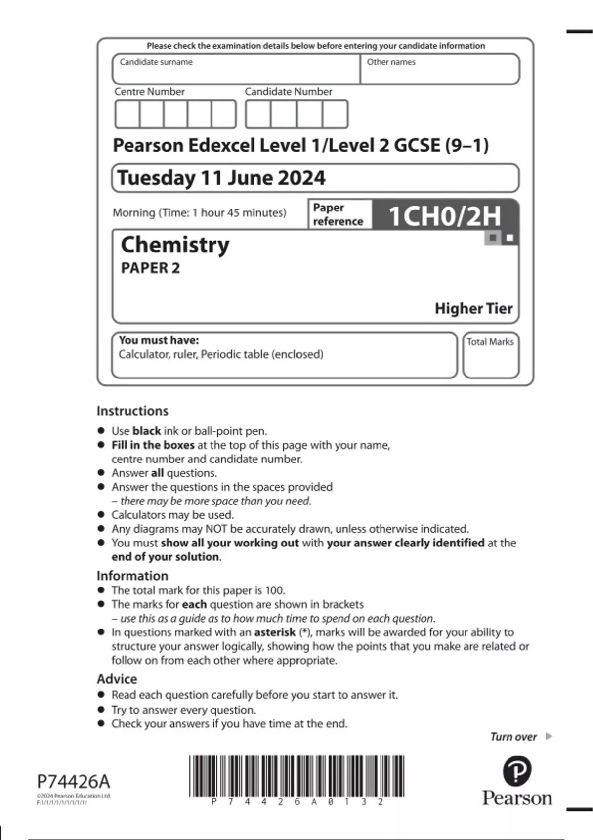 Pearson Edexcel Level 1/Level 2 GCSE (9–1) Chemistry PAPER 2 Higher ...
