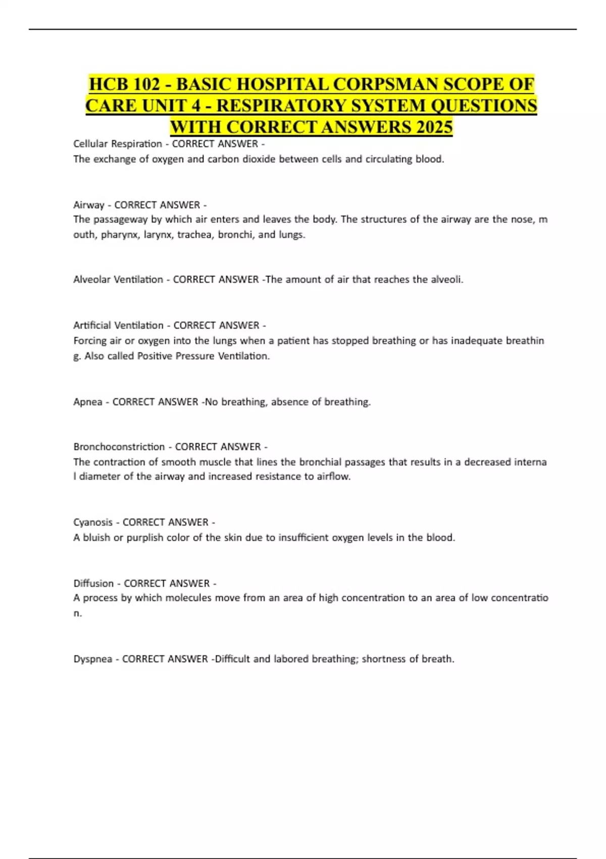 HCB 102 - BASIC HOSPITAL CORPSMAN SCOPE OF CARE UNIT 4 - RESPIRATORY ...