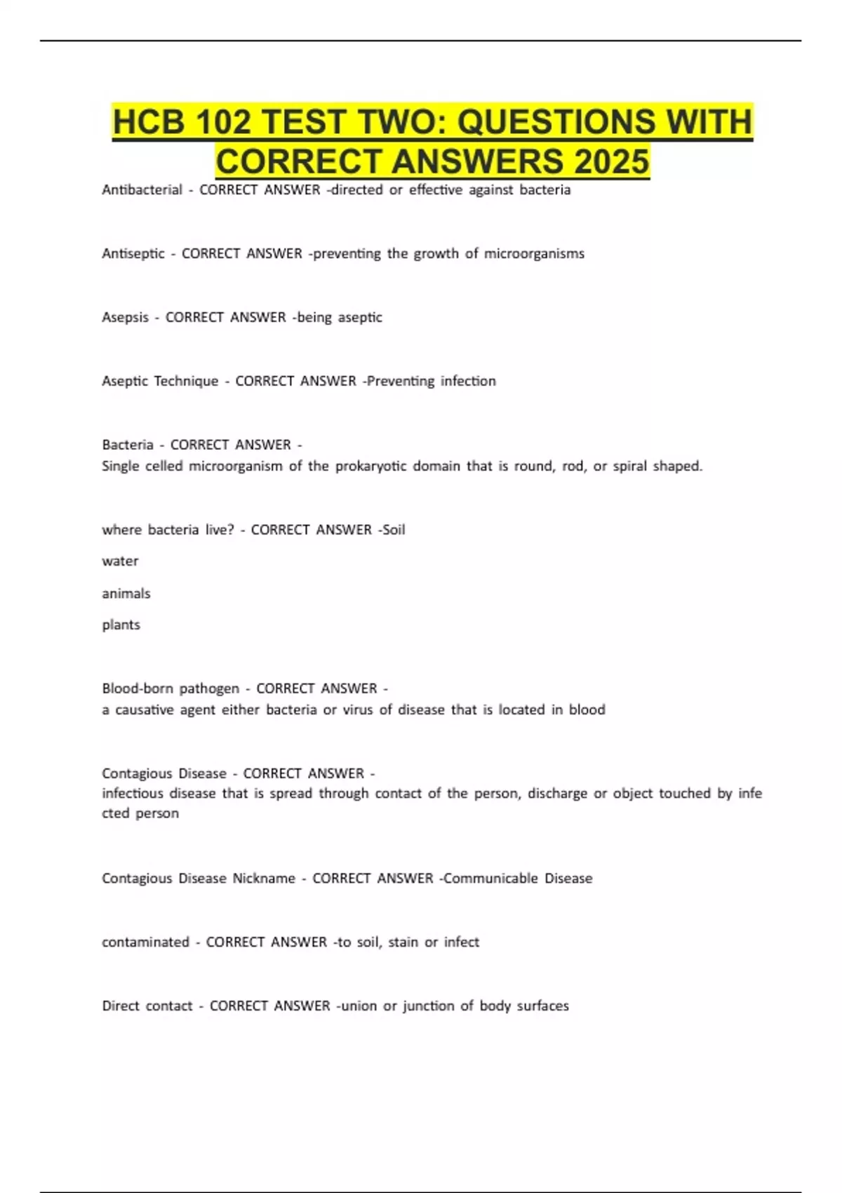 HCB 102 TEST TWO-QUESTIONS WITH CORRECT ANSWERS 2025 - HCB 102 - Stuvia US