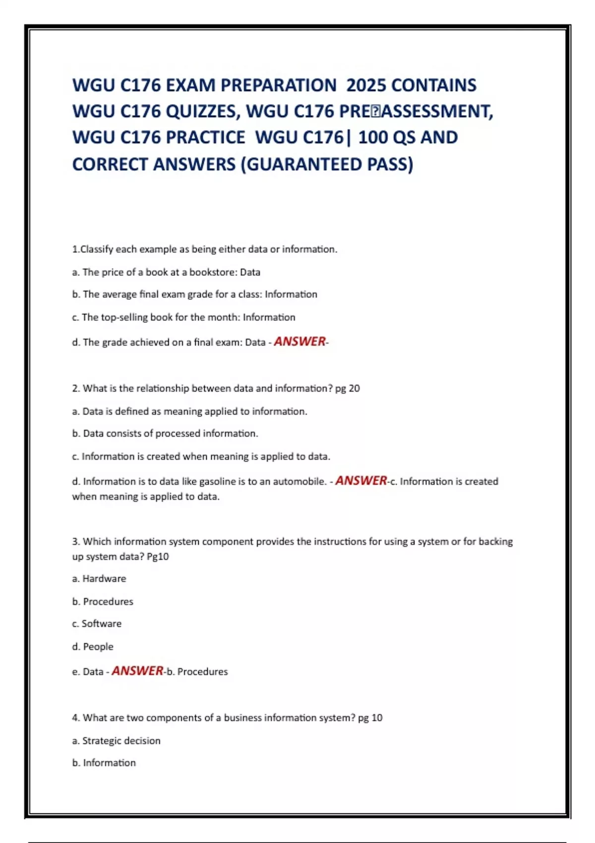 WGU C176 EXAM PREPARATION 2025 CONTAINS WGU C176 QUIZZES, WGU C176 PRE ASSESSMENT, WGU C176 ...