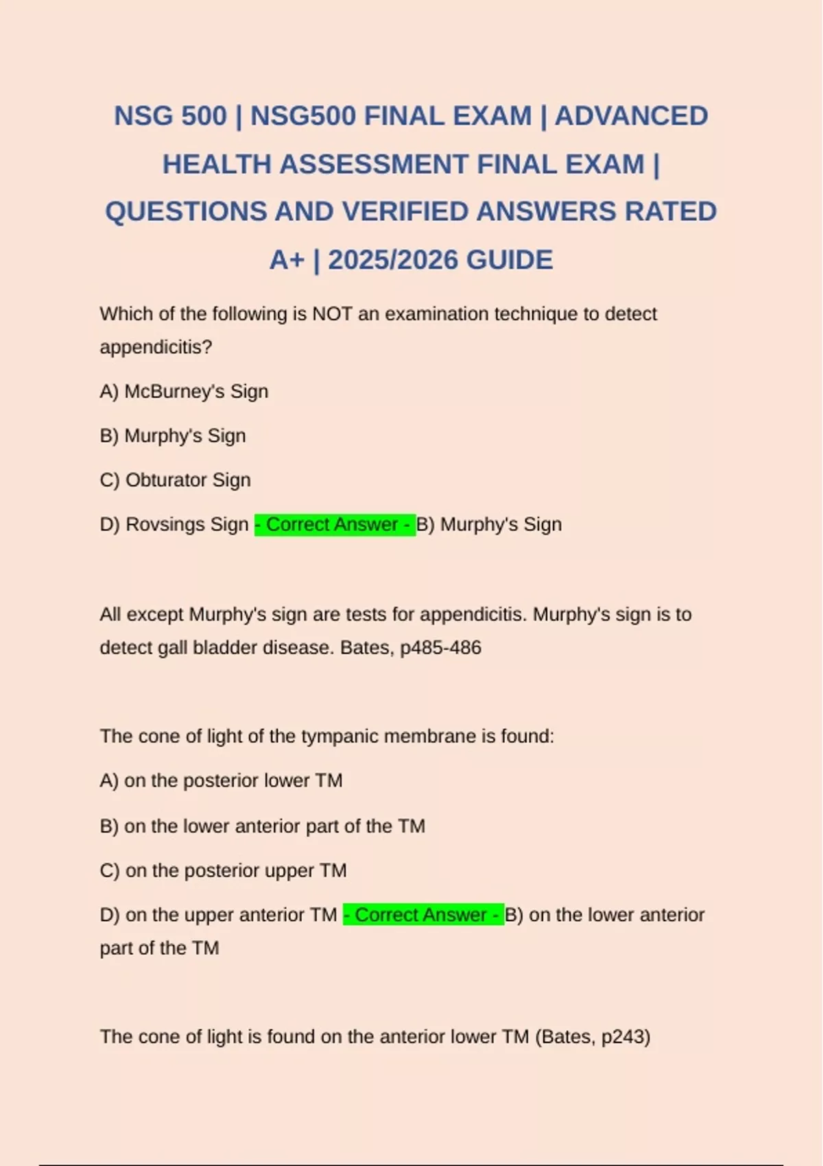 NSG 500 | NSG500 FINAL EXAM | ADVANCED HEALTH ASSESSMENT FINAL EXAM ...