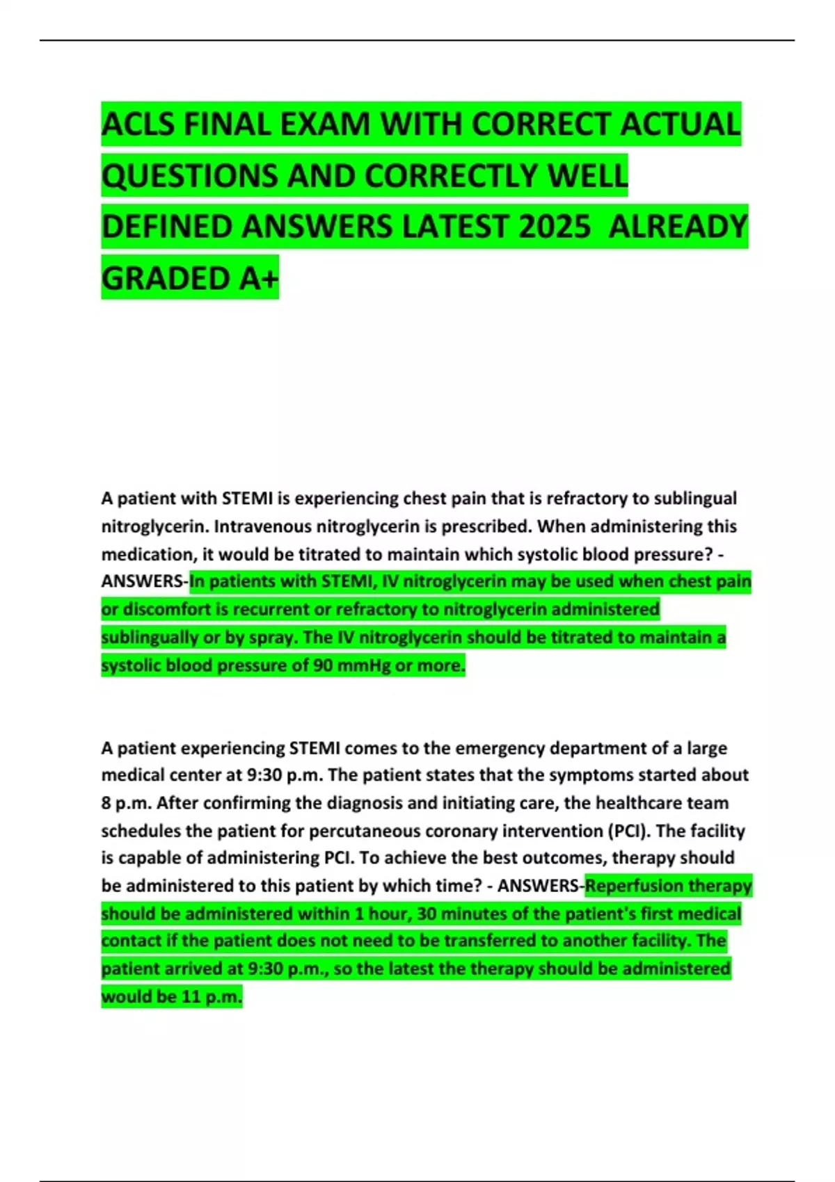 ACLS FINAL EXAM WITH CORRECT ACTUAL QUESTIONS AND CORRECTLY WELL ...