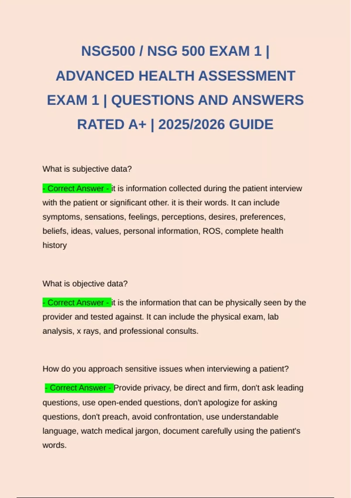 NSG500 / NSG 500 EXAM 1 | ADVANCED HEALTH ASSESSMENT EXAM 1 | QUESTIONS ...