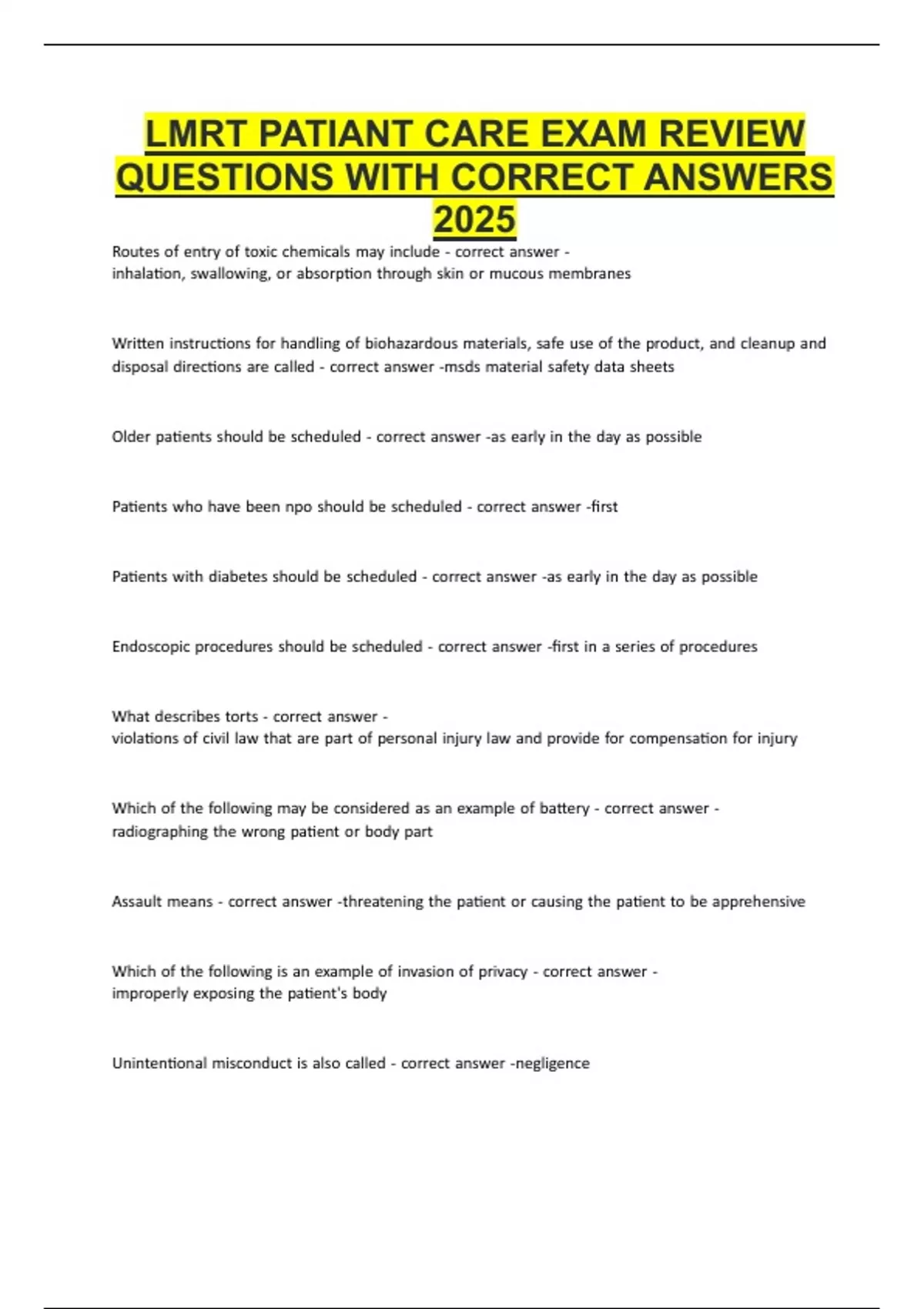 LMRT PATIANT CARE EXAM REVIEW QUESTIONS WITH CORRECT ANSWERS 2025 ...