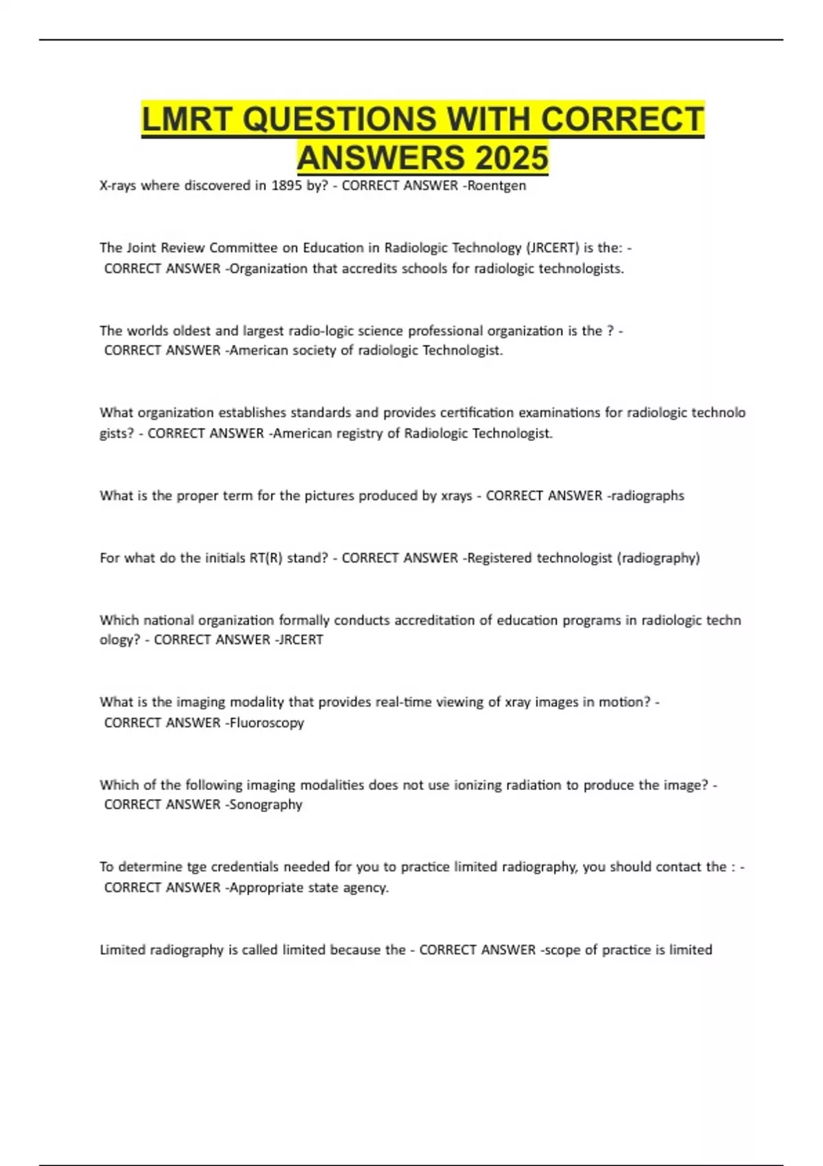 LMRT QUESTIONS WITH CORRECT ANSWERS 2025 - Lmrt - Stuvia US