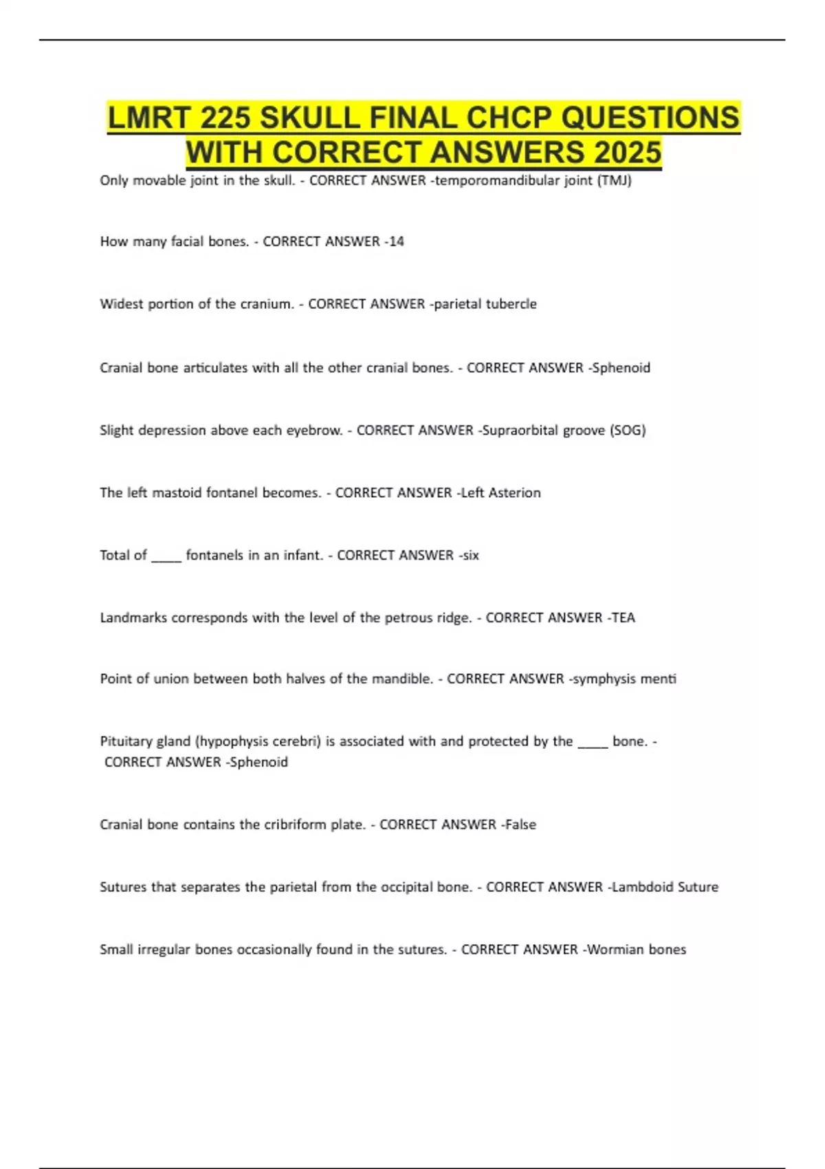 LMRT 225 SKULL FINAL CHCP QUESTIONS WITH CORRECT ANSWERS 2025 - Lmrt ...