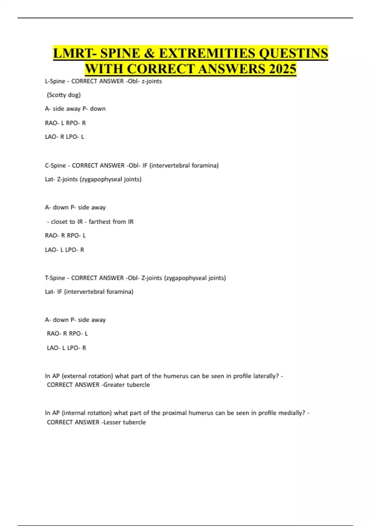 LMRT- SPINE & EXTREMITIES QUESTINS WITH CORRECT ANSWERS 2025 - Lmrt ...