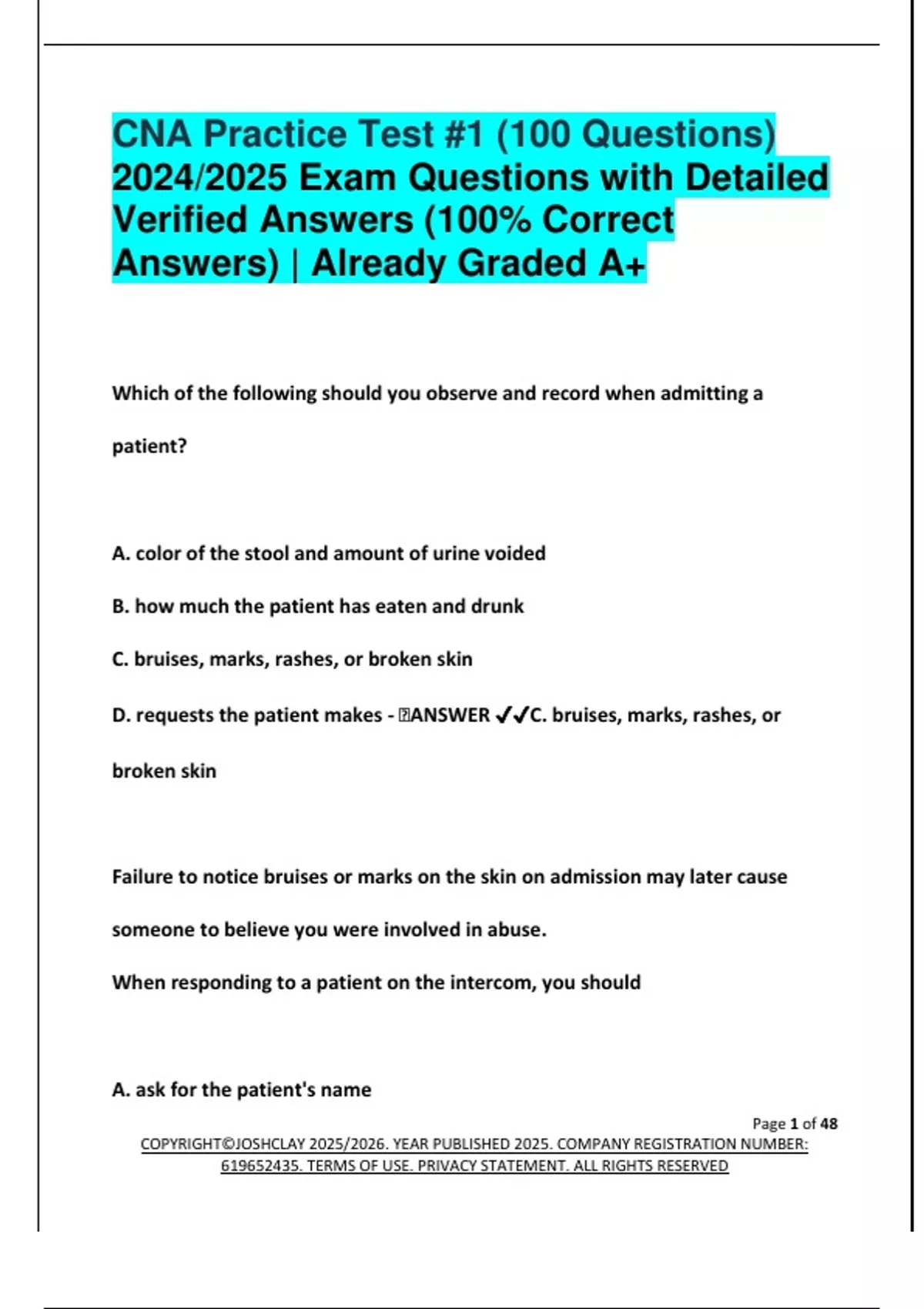 CNA Practice Test #1 (100 Questions) 2024/2025 Exam Questions with ...