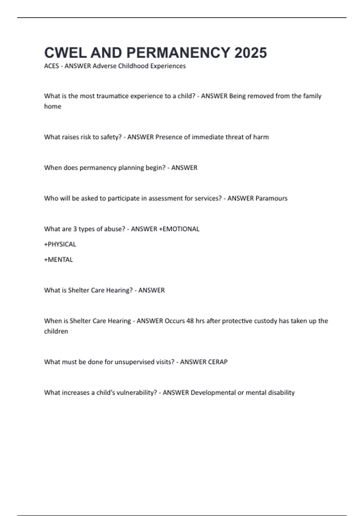 CWEL AND PERMANENCY questions and answers with solutions 2025 - Cans ...