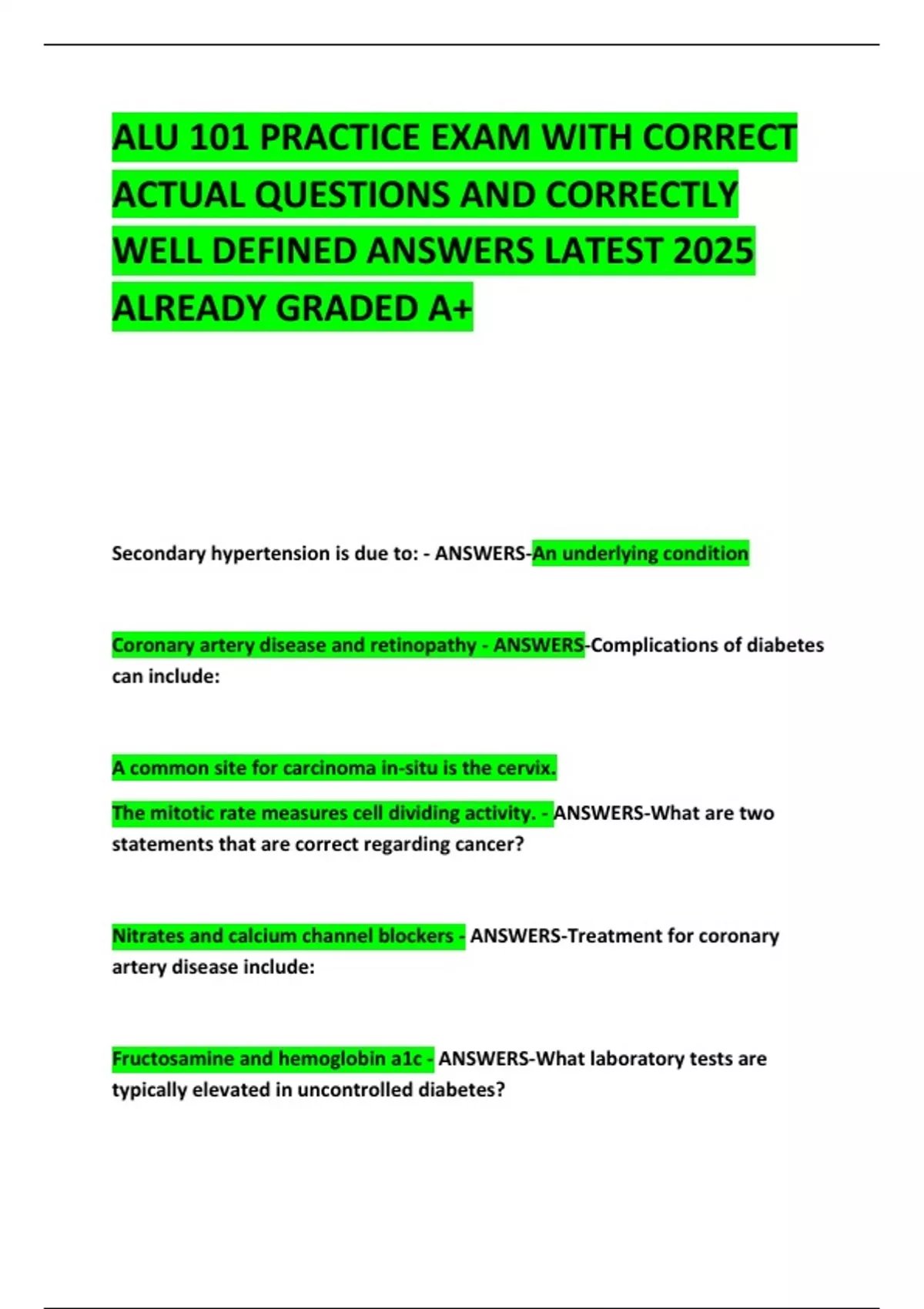 ALU 101 PRACTICE EXAM WITH CORRECT ACTUAL QUESTIONS AND CORRECTLY WELL ...