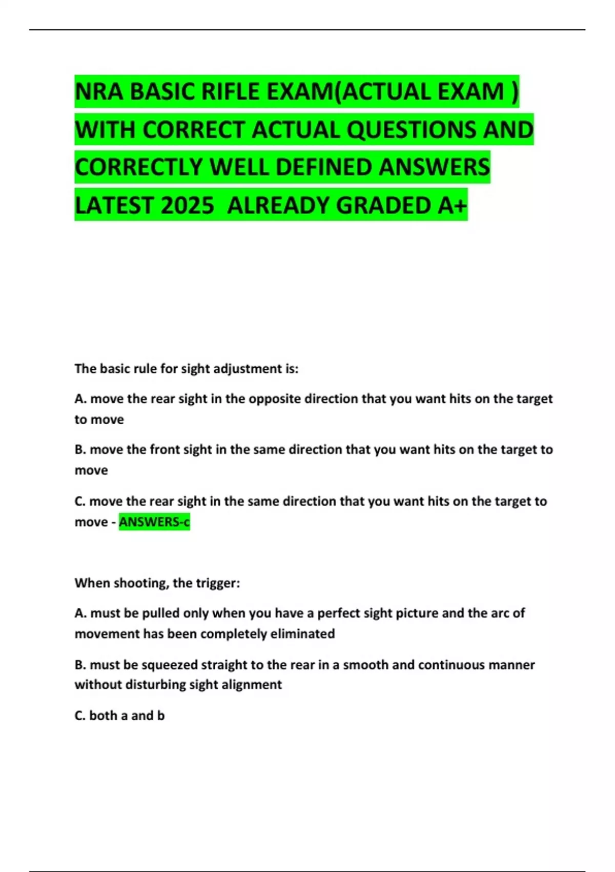 NRA BASIC RIFLE EXAM(ACTUAL EXAM ) WITH CORRECT ACTUAL QUESTIONS AND ...