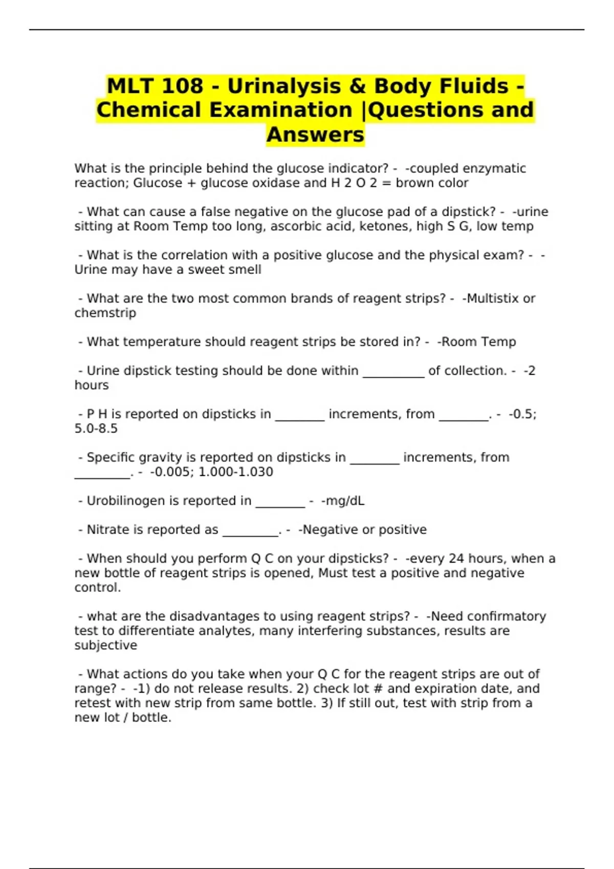 MLT 108 - Urinalysis & Body Fluids - Chemical Examination |Questions ...
