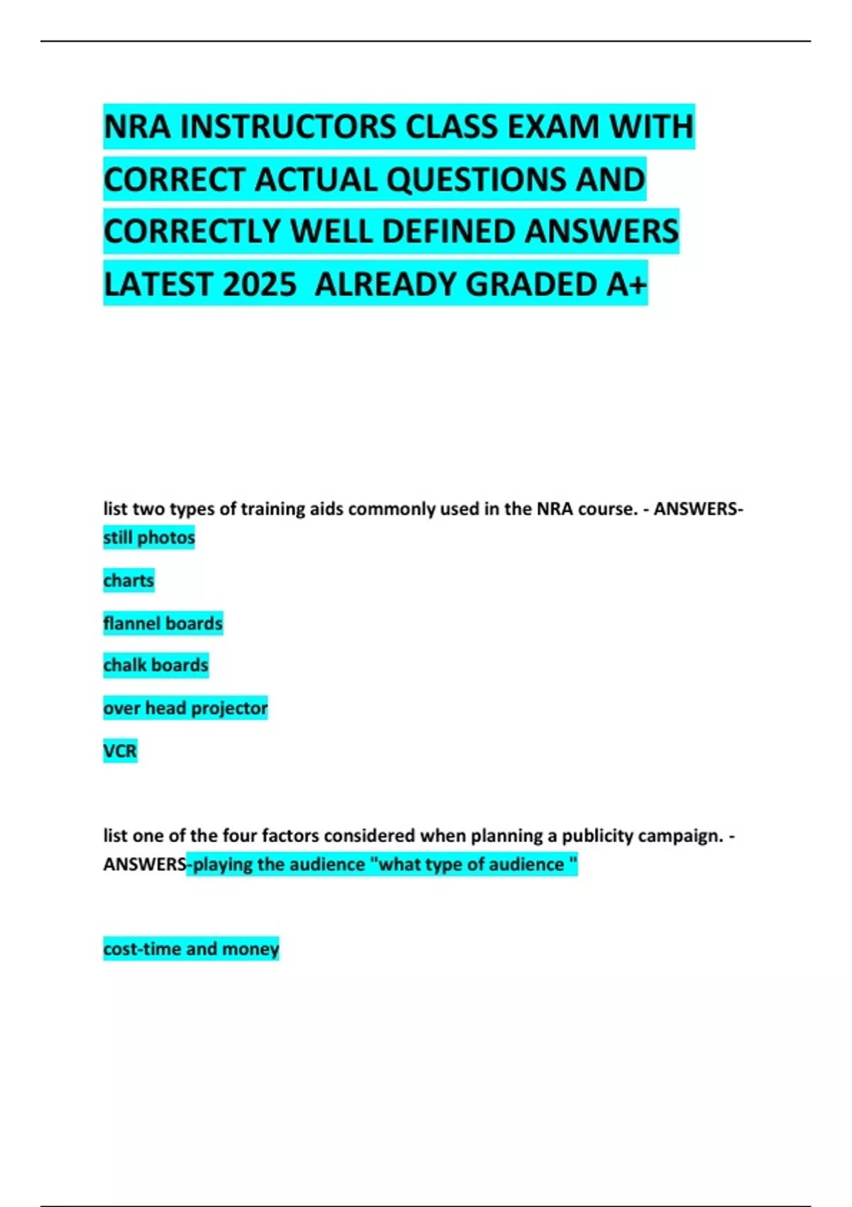 NRA INSTRUCTORS CLASS EXAM WITH CORRECT ACTUAL QUESTIONS AND CORRECTLY ...
