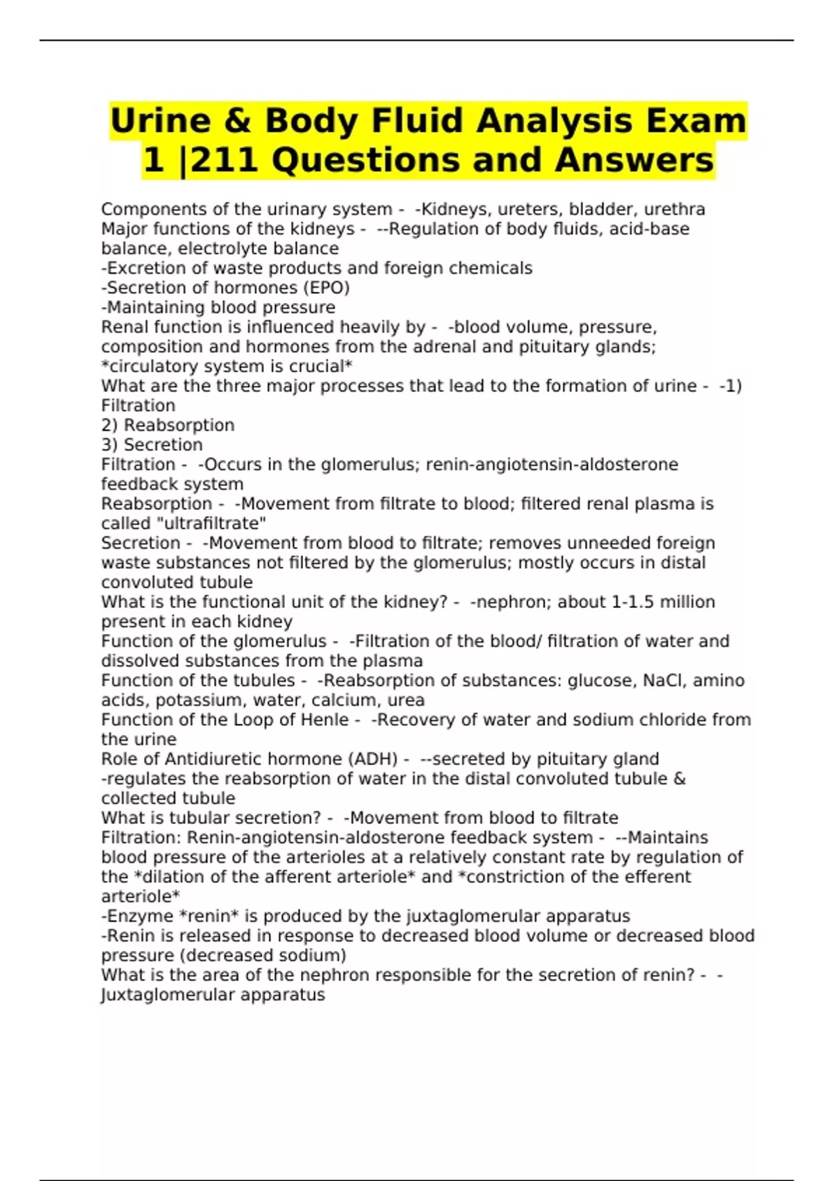 Urine & Body Fluid Analysis Exam 1 |211 Questions and Answers - Urine ...