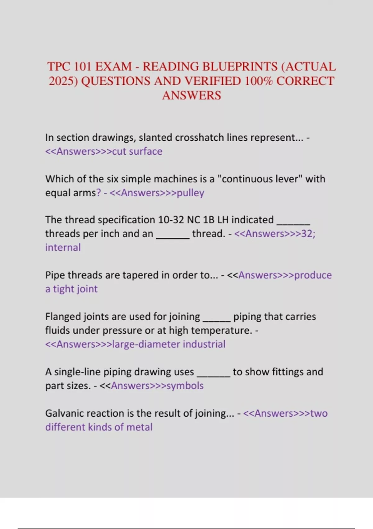 TPC 101 EXAM - READING BLUEPRINTS (ACTUAL 2025) QUESTIONS AND VERIFIED ...