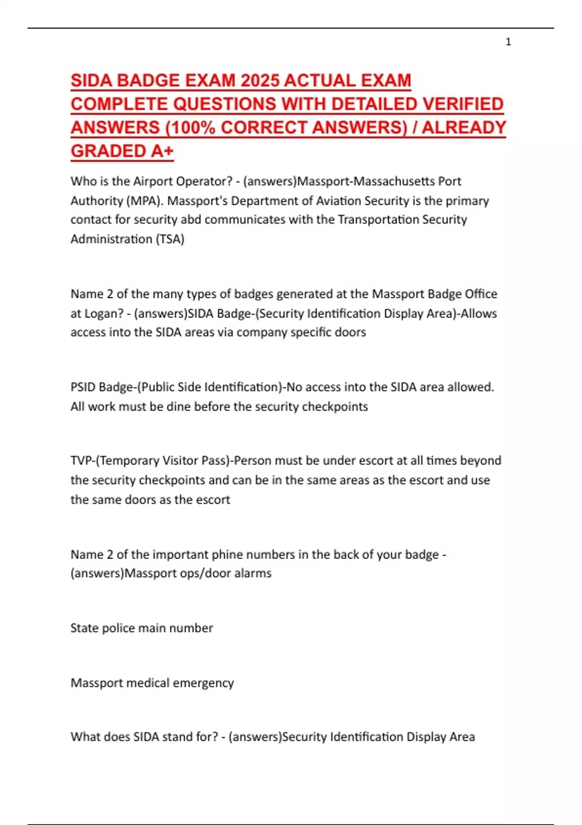 SIDA BADGE EXAM 2025 ACTUAL EXAM COMPLETE QUESTIONS WITH DETAILED ...
