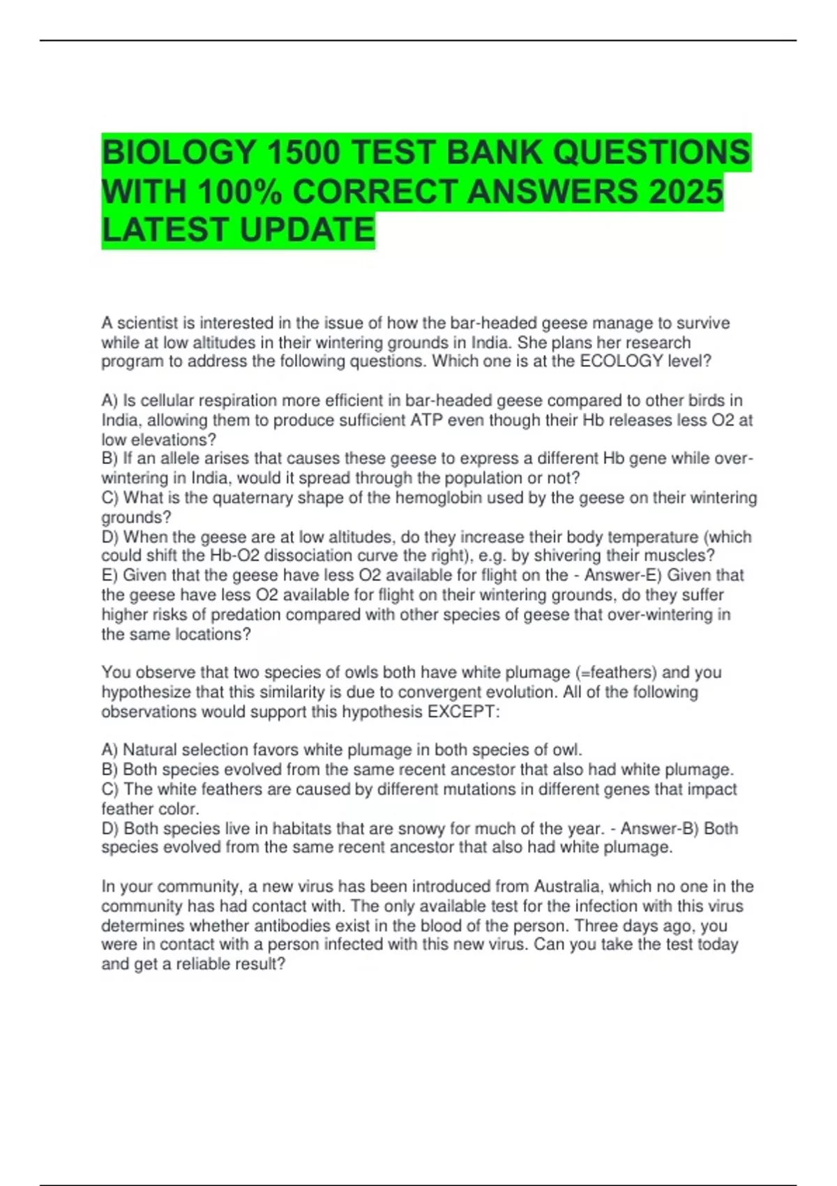 BIOLOGY 1500 TEST BANK QUESTIONS WITH 100% CORRECT ANSWERS 2025 LATEST ...