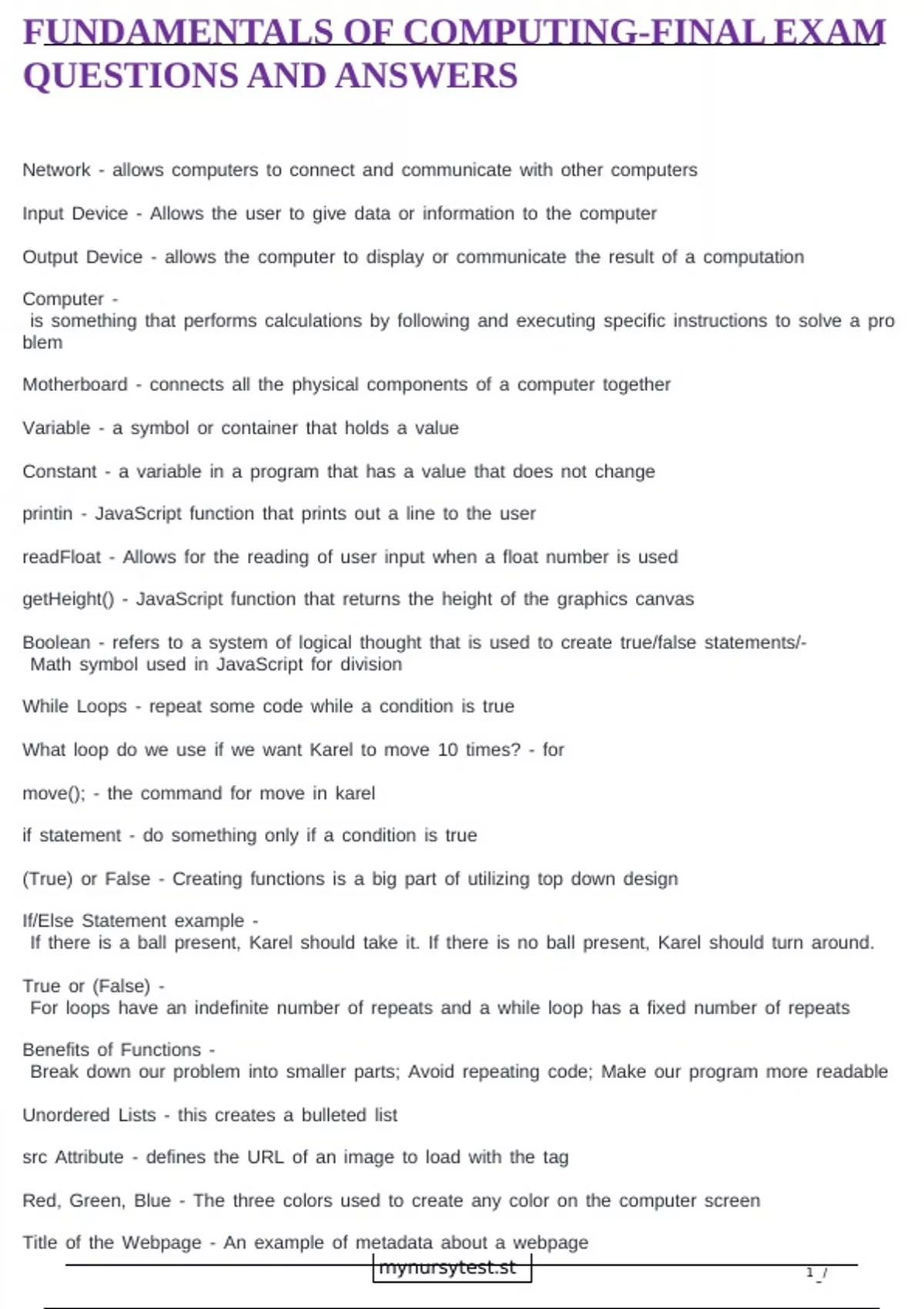 FUNDAMENTALS OF COMPUTING-FINAL EXAM QUESTIONS AND ANSWERS - Computers ...
