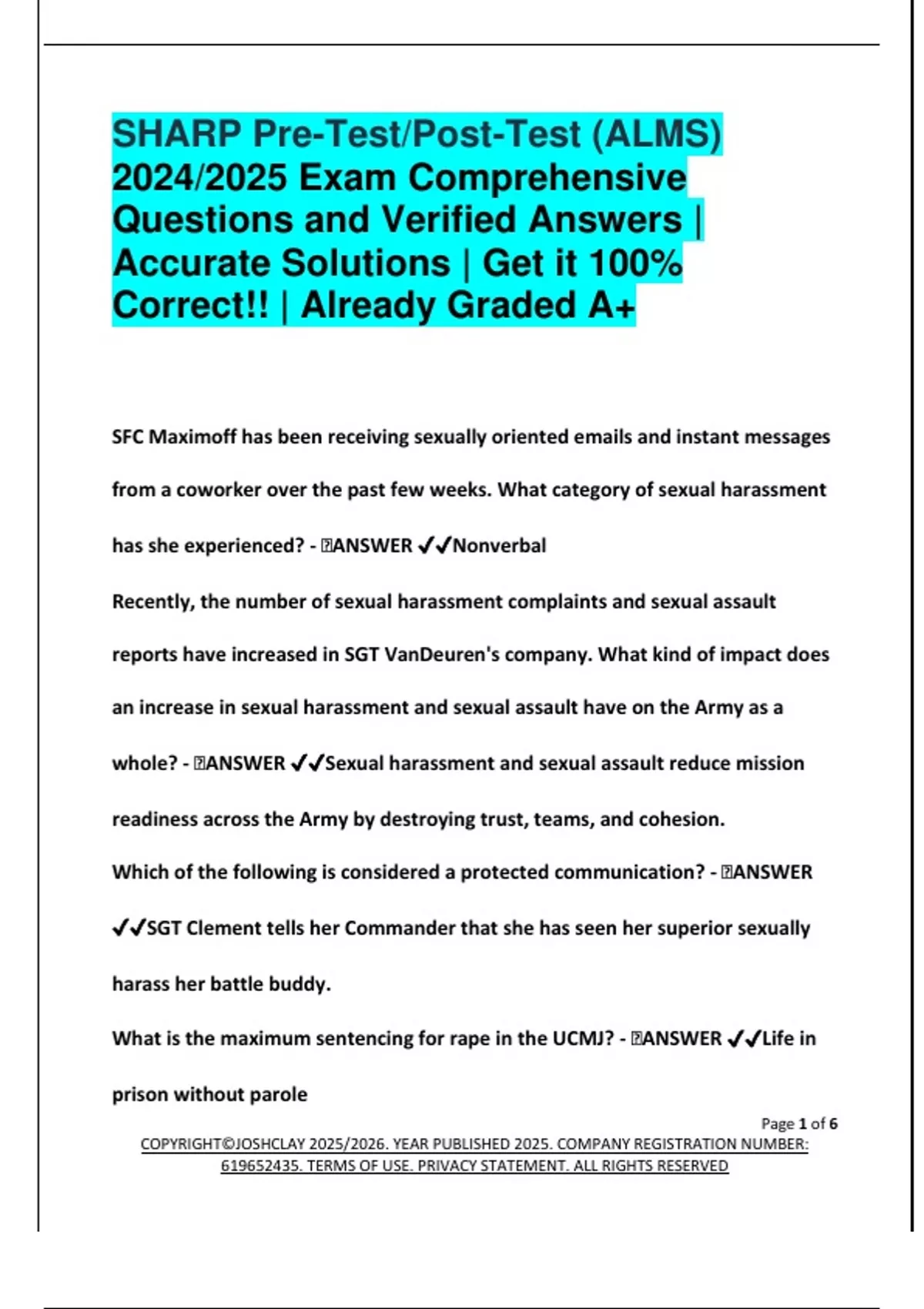 SHARP Pre-Test/Post-Test (ALMS) 2024/2025 Exam Comprehensive Questions ...