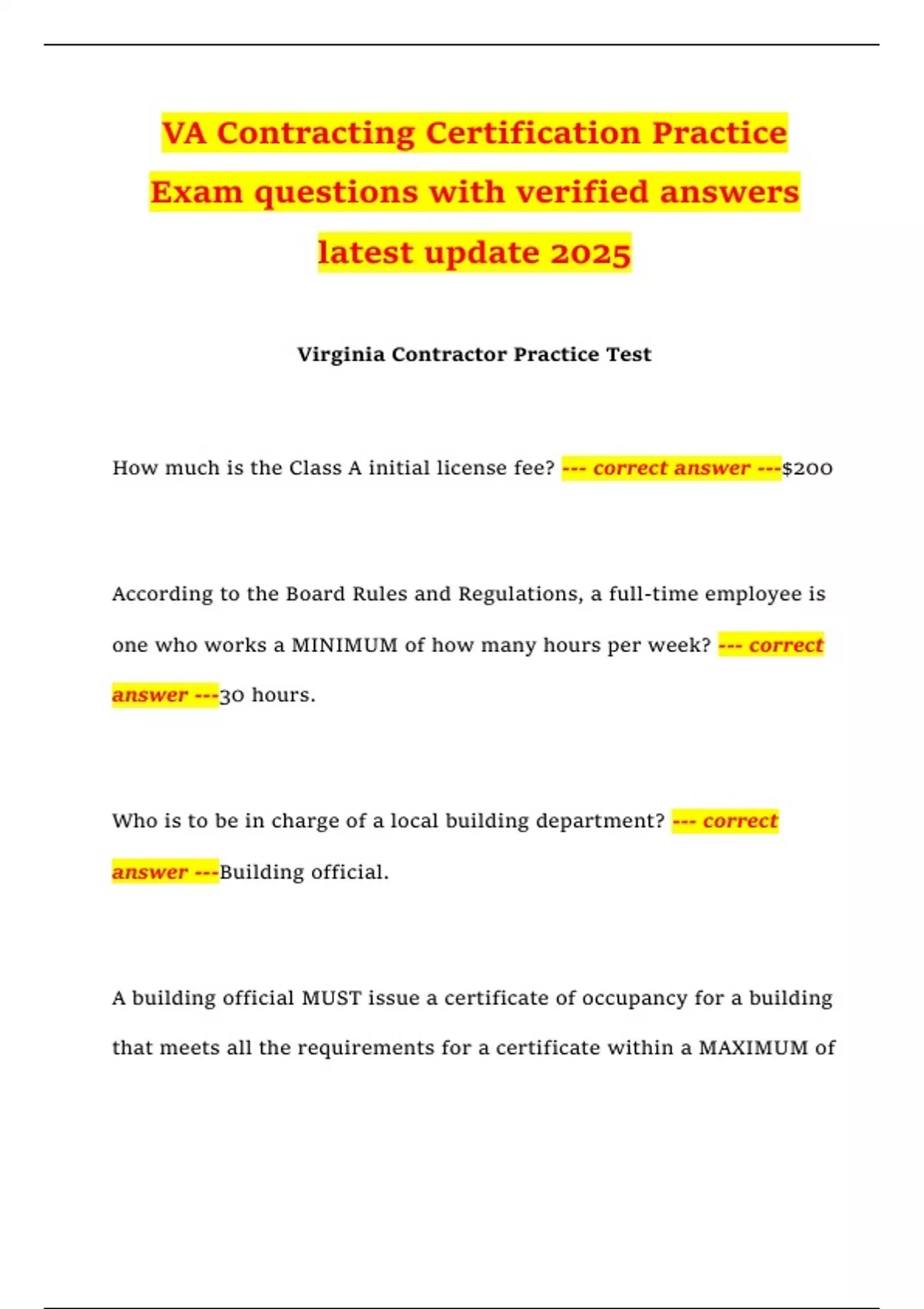 VA Contracting Certification Practice Exam questions with verified ...