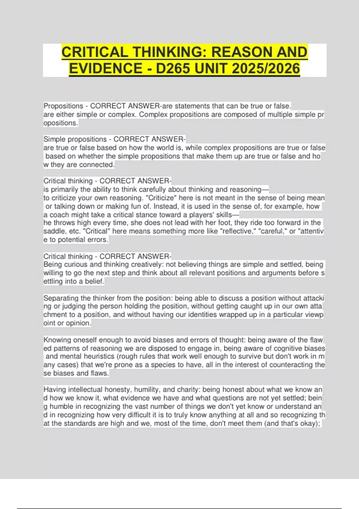 CRITICAL THINKING: REASON AND EVIDENCE - D265 UNIT 2025/2026 - WGU D265 ...
