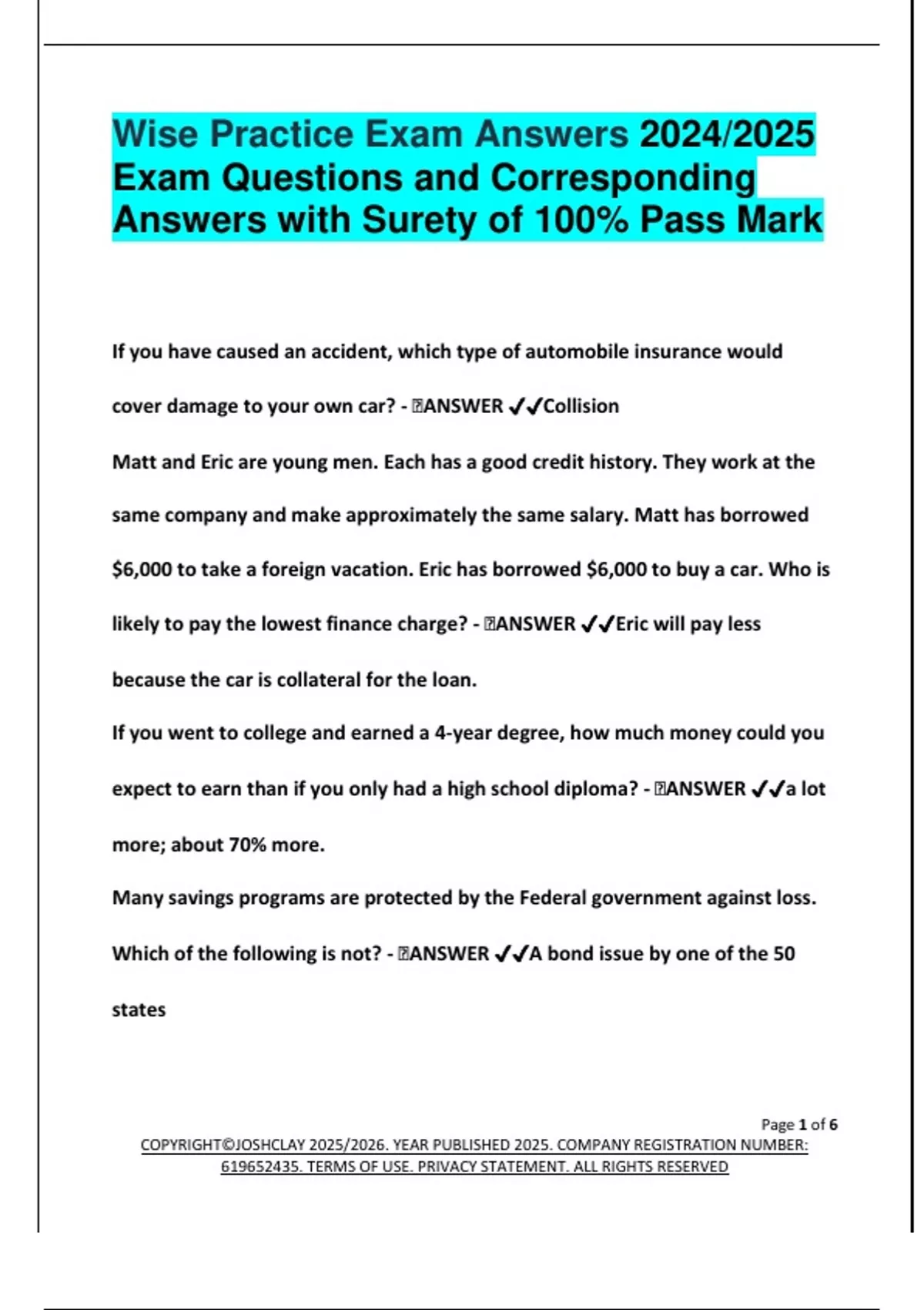 Wise Practice Exam Answers 2024/2025 Exam Questions and Corresponding ...