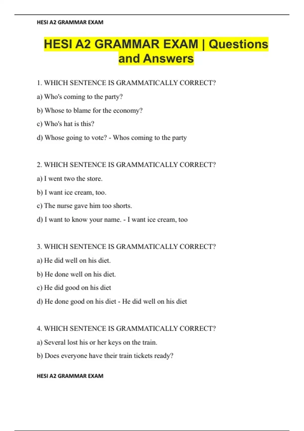 HESI A2 GRAMMAR EXAM | Questions and Answers - HESI - Stuvia US