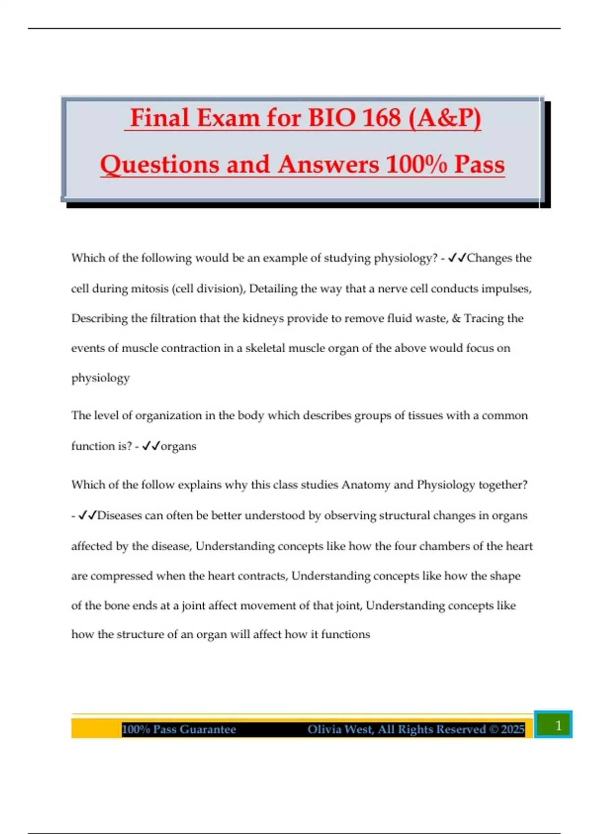 Final Exam for BIO 168 (A&P) Questions and Answers 100% Pass - Bio 168 ...