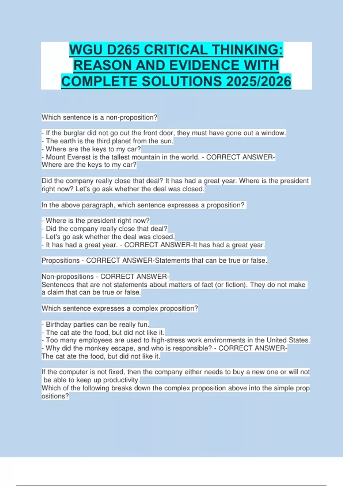 WGU D265 CRITICAL THINKING: REASON AND EVIDENCE WITH COMPLETE SOLUTIONS ...