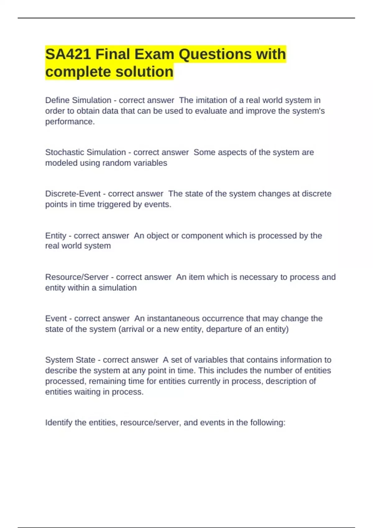SA421 Final Exam Questions with complete solution - ST 422 - Stuvia US