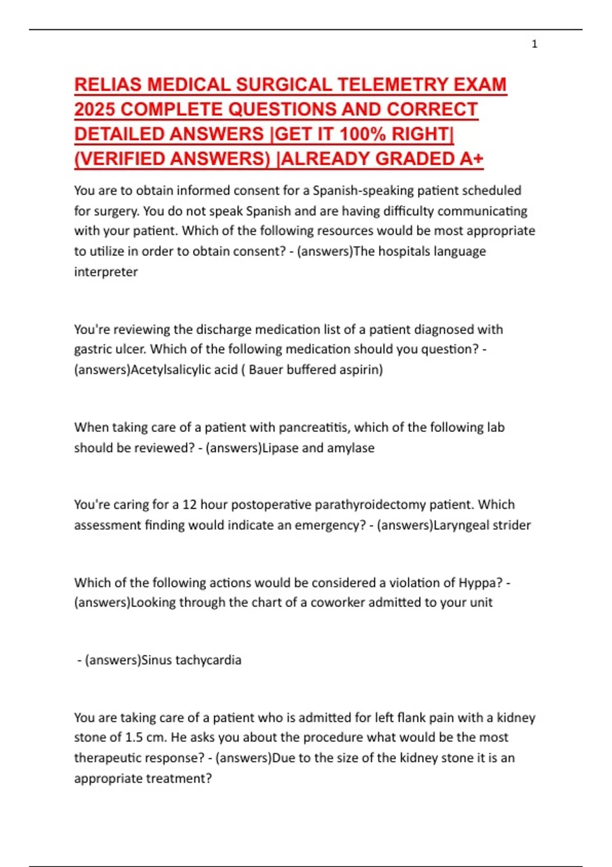 RELIAS MEDICAL SURGICAL TELEMETRY EXAM 2025 COMPLETE QUESTIONS AND ...
