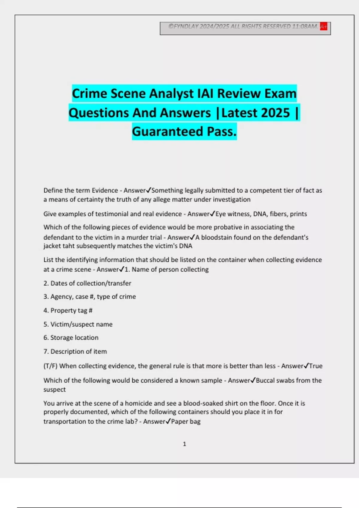 Crime Scene Analyst IAI Review Exam Questions And Answers |Latest 2025 ...