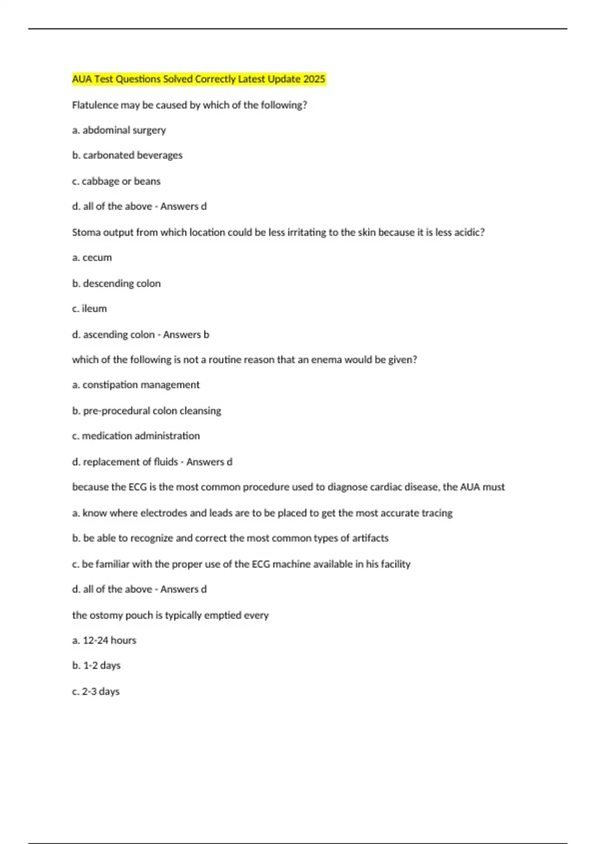 AUA Test Questions Solved Correctly Latest Update 2025 - AUA - Stuvia US