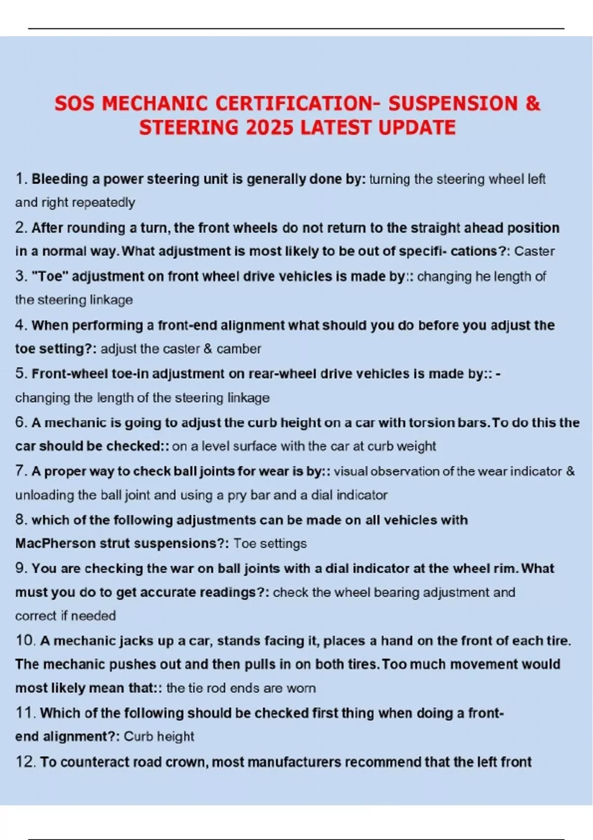 SOS MECHANIC CERTIFICATION- SUSPENSION & STEERING 2025 LATEST UPDATE ...