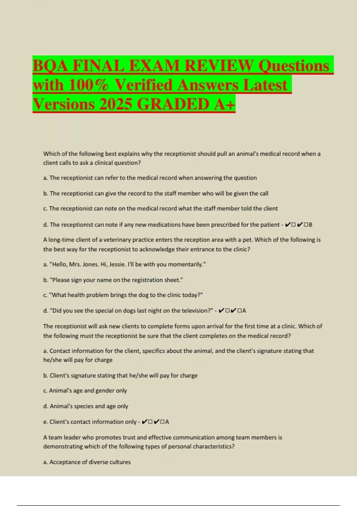 BQA FINAL EXAM REVIEW Questions with 100% Verified Answers Latest ...