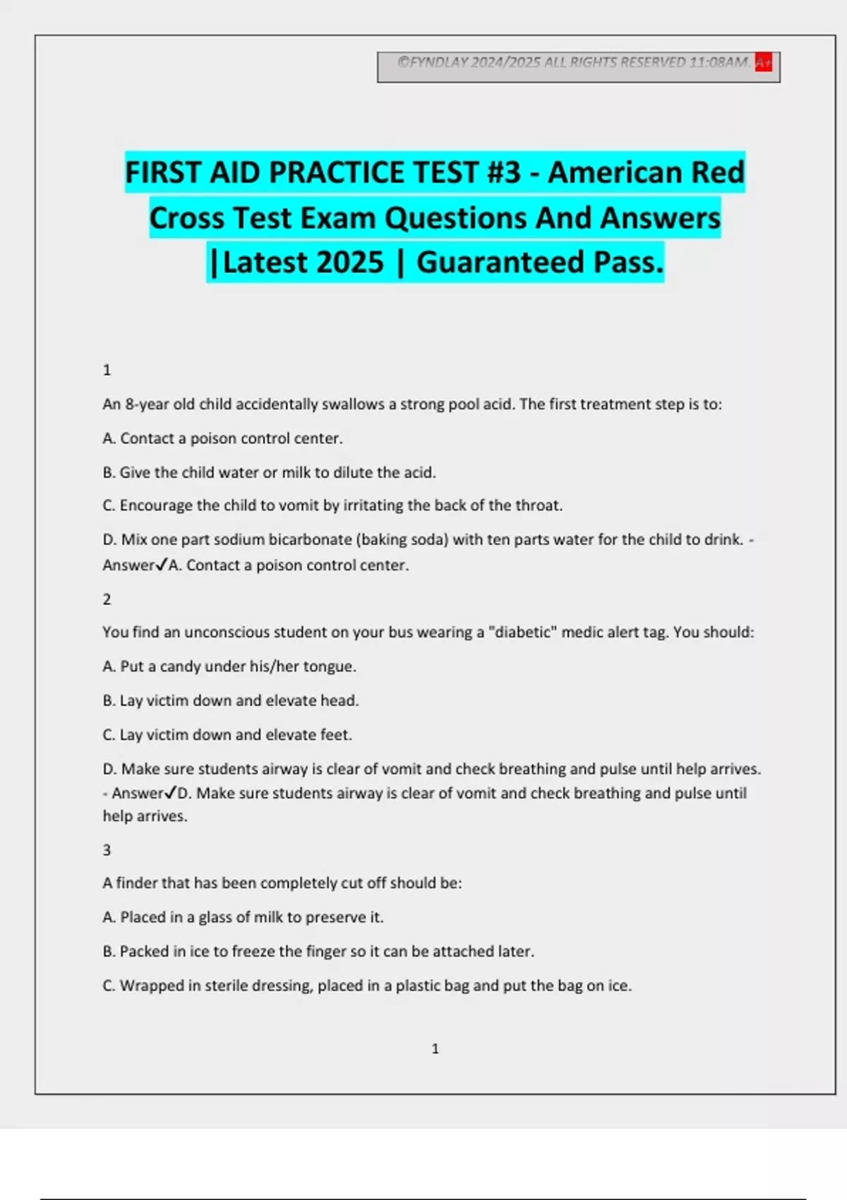 FIRST AID PRACTICE TEST #3 - American Red Cross Test Exam Questions And ...