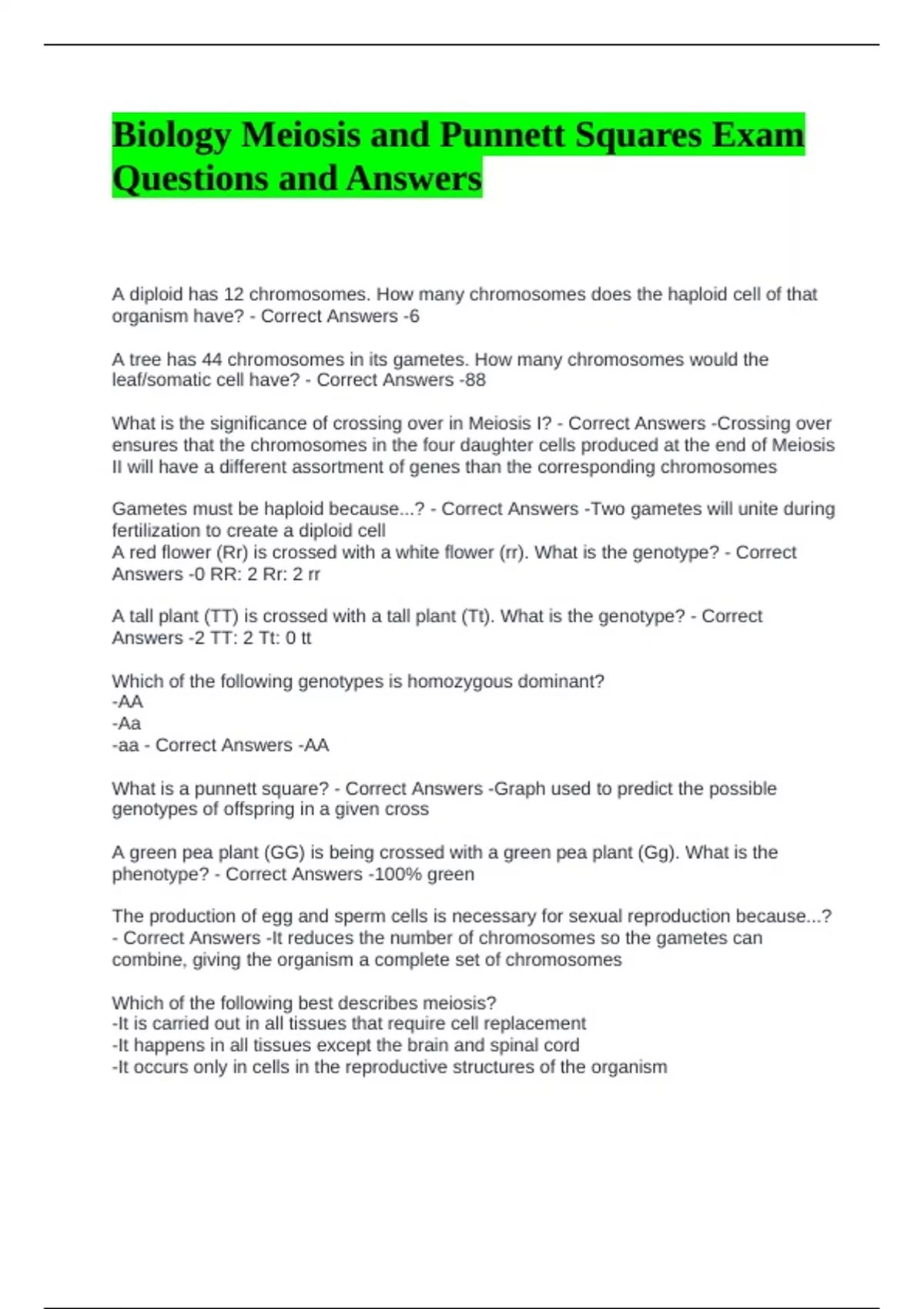 Biology Meiosis and Punnett Squares Exam Questions and Answers ...