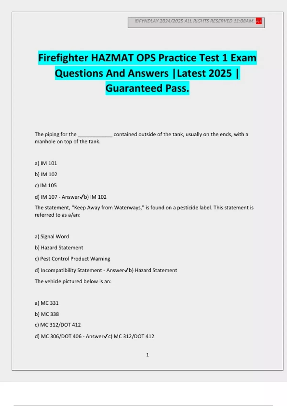 Firefighter HAZMAT OPS Practice Test 1 Exam Questions And Answers ...