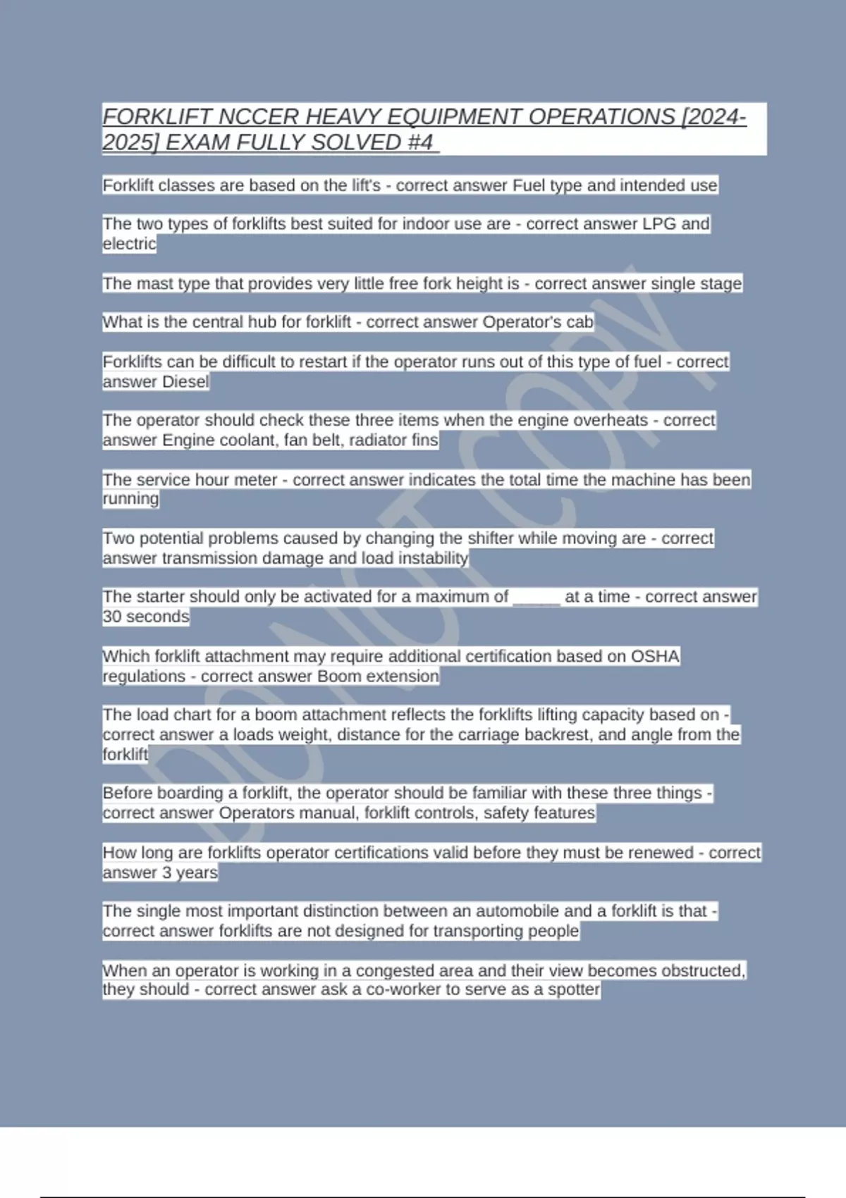 FORKLIFT NCCER HEAVY EQUIPMENT OPERATIONS [] EXAM FULLY SOLVED #4 - FORKLIFT CERTIFICATION EXM ...