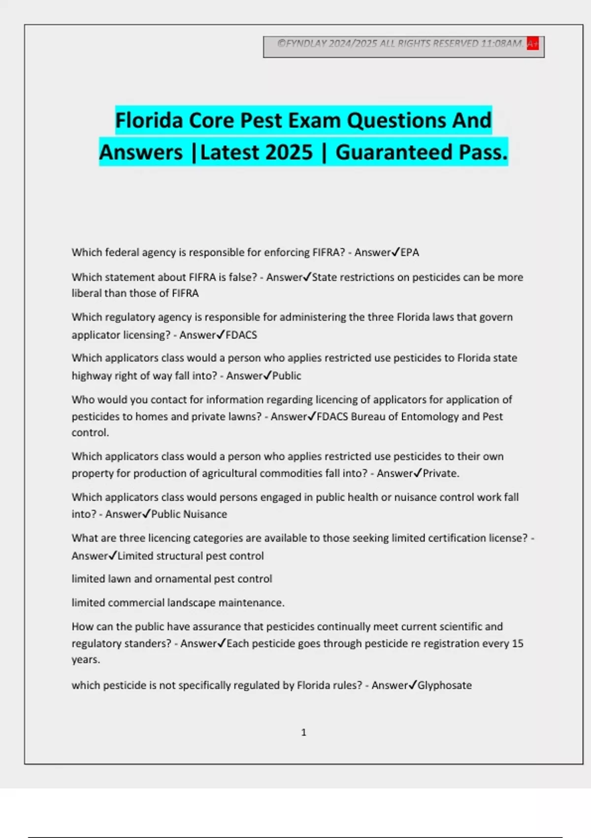 Florida Core Pest Exam Questions And Answers |Latest 2025 | Guaranteed ...