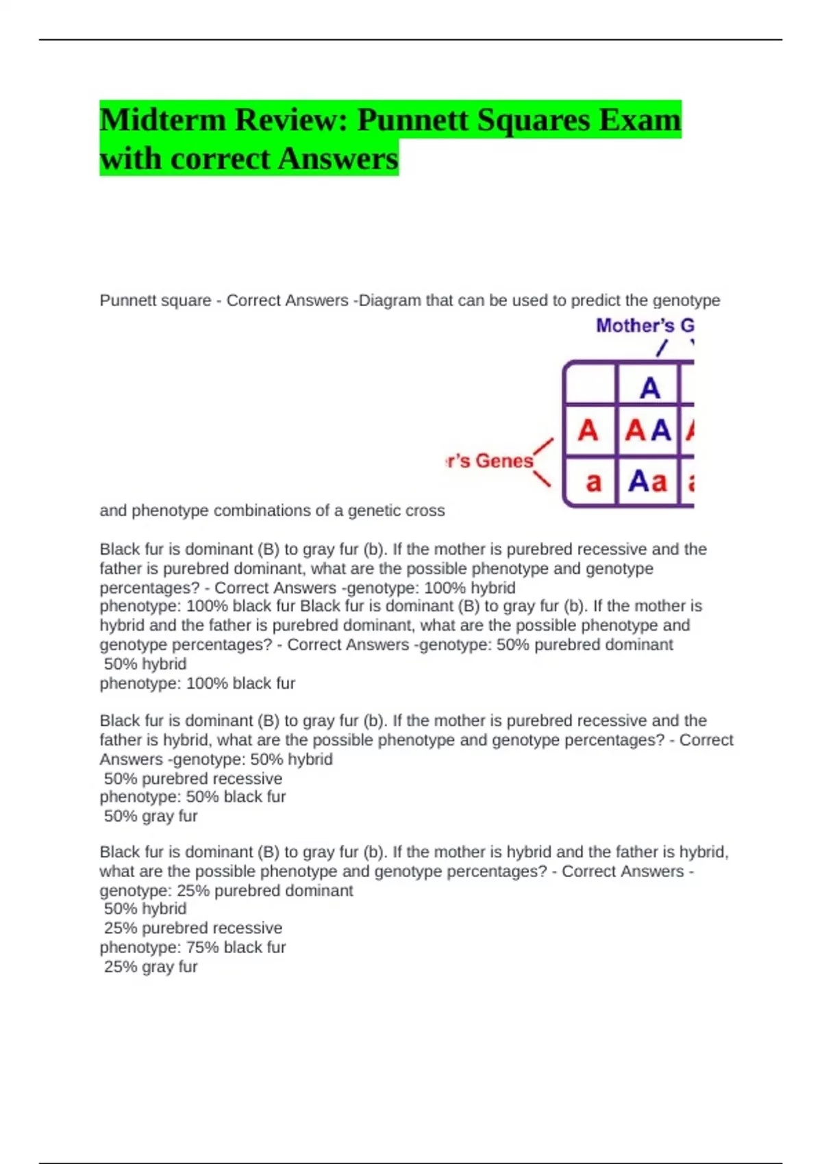 Midterm Review Punnett Squares Exam with correct Answers - Punnett ...