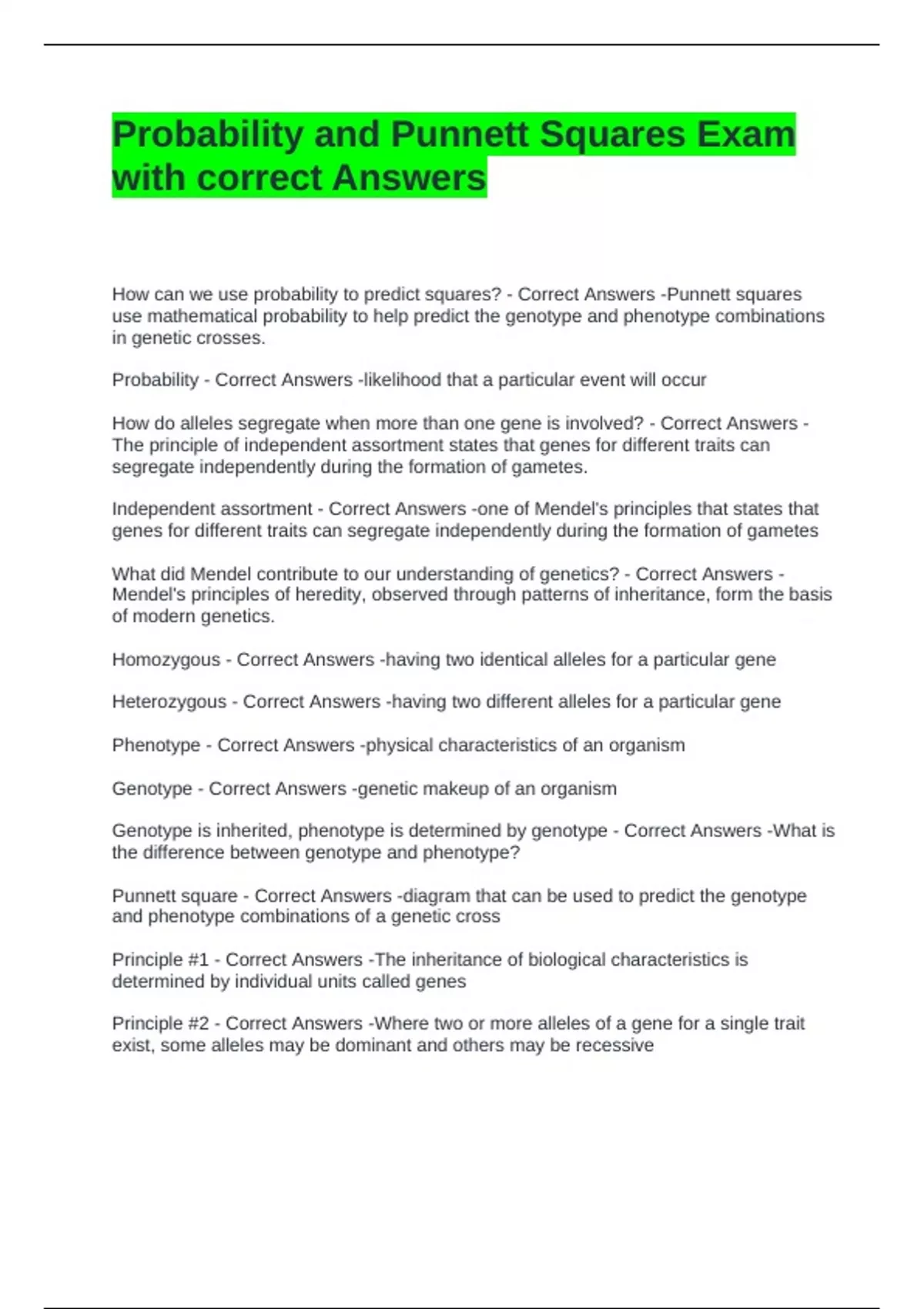 Probability and Punnett Squares Exam with correct Answers - Punnett ...