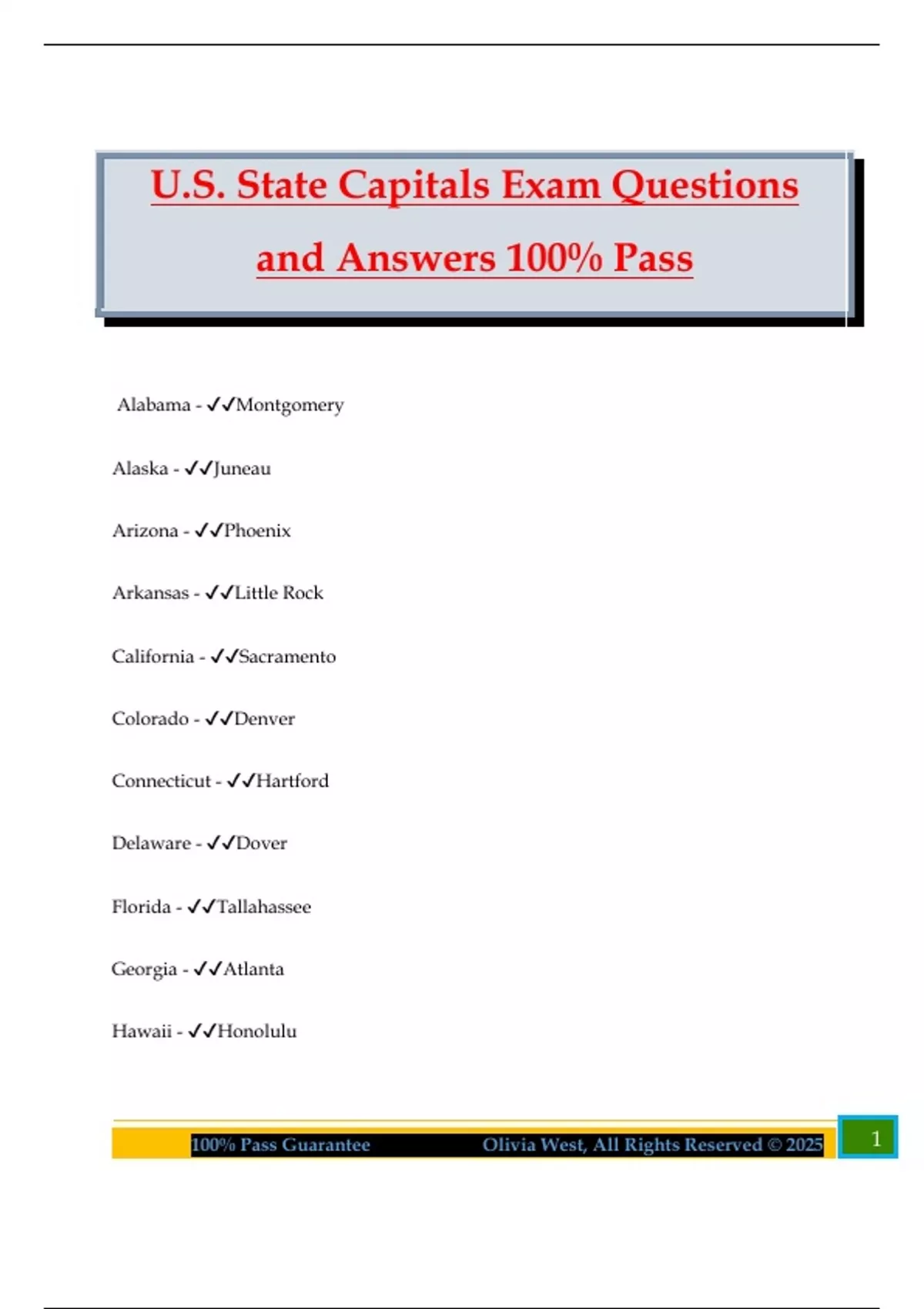 U.S. State Capitals Exam Questions and Answers 100% Pass - U.S. State ...