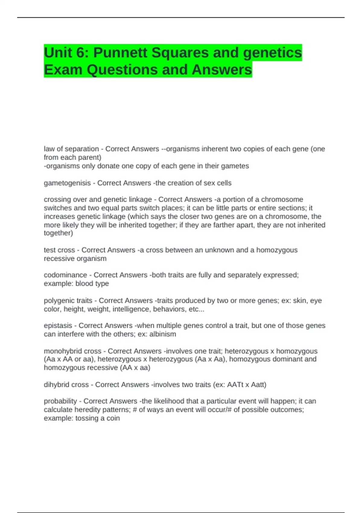 Unit 6 Punnett Squares and genetics Exam Questions and Answers ...